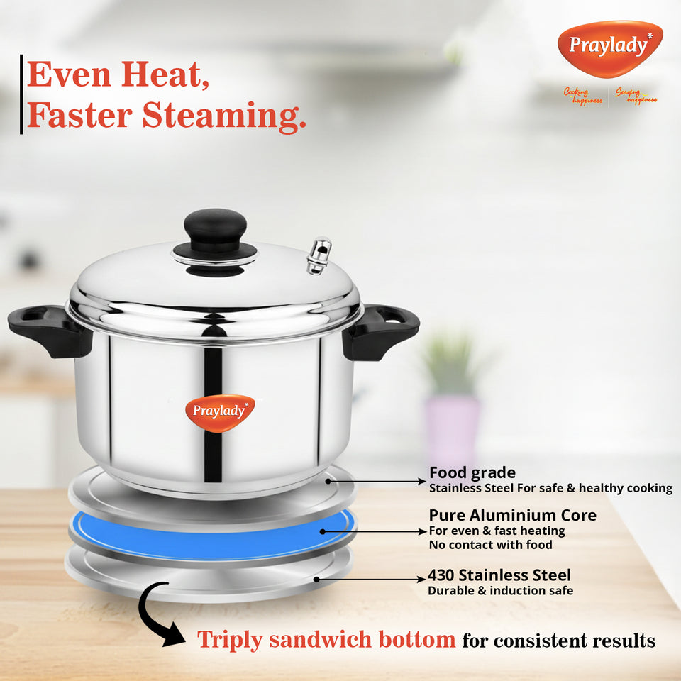 Praylady Elite Stainless Steel Idli Cooker with Sandwich Bottom and Wh